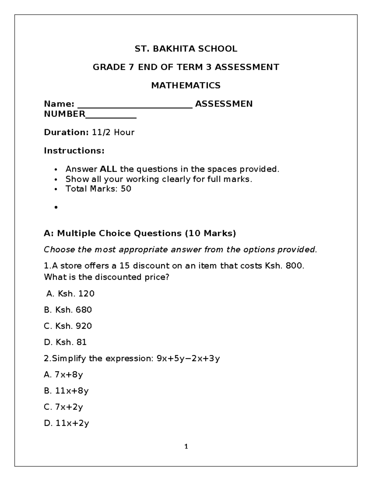 Grade 7 Mathematics End of Term 3 Assessment (ST. BAKHITA SCHOOL) - Studocu