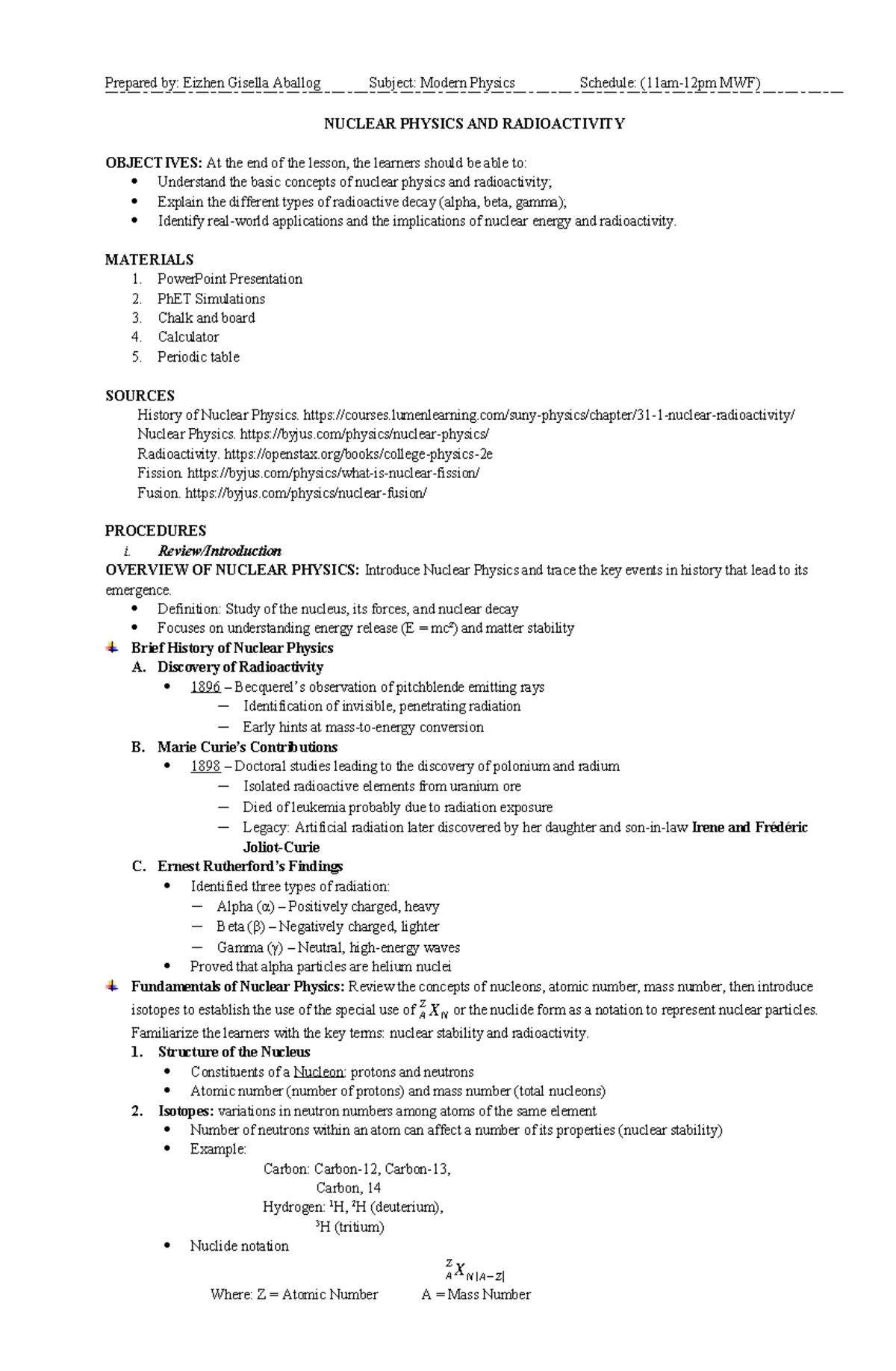 Nuclear Physics Lesson Plan: Key Concepts & Applications (PHYS 101 ...