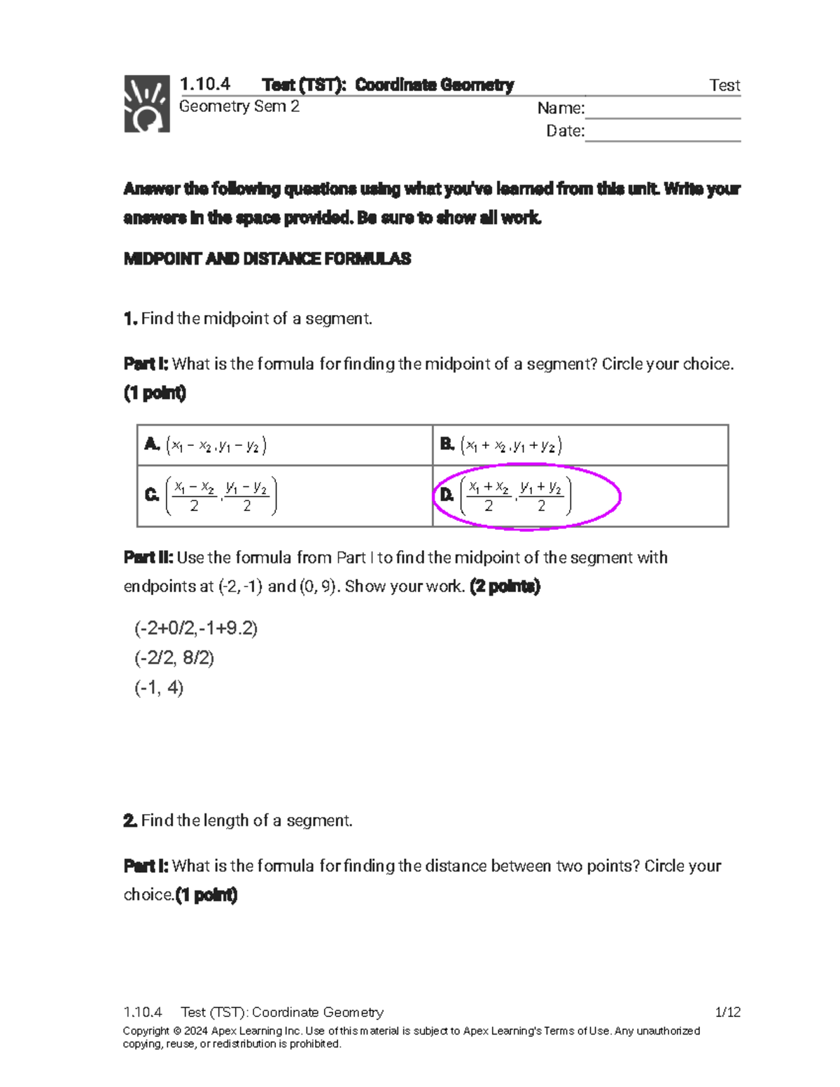 Coordinate Geometry Test (TST) - Midpoint, Slope & Polygons - Studocu