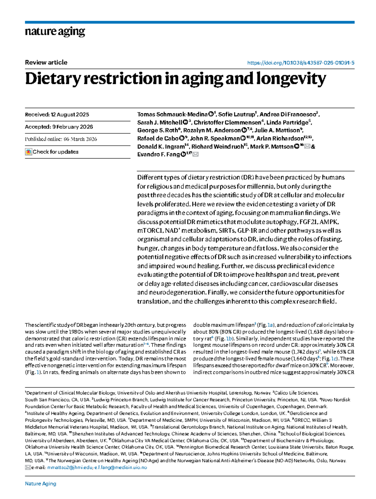 Nature Aging Review: Dietary Restriction and Longevity Insights - Studocu