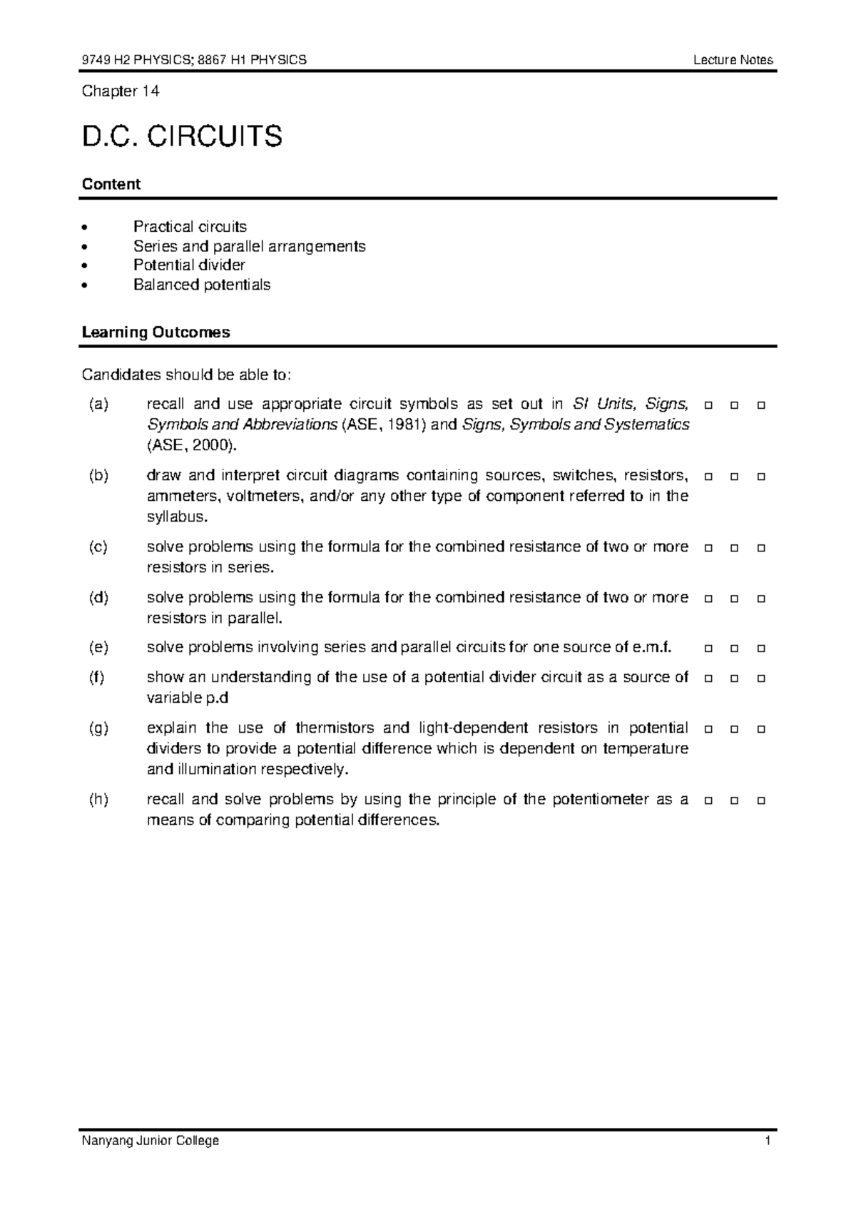 H2 DC Circuits Lecture Notes on Series, Parallel & Potential Divider ...