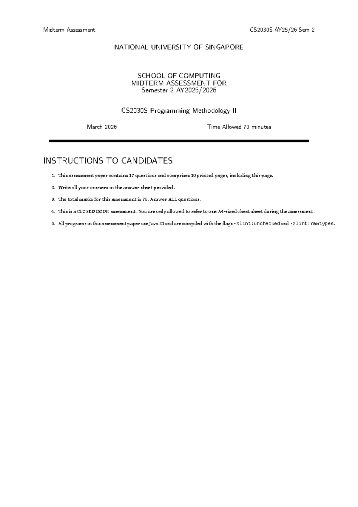 Midterm Assessment CS2030S Sem 2 - Programming Methodology II - Studocu