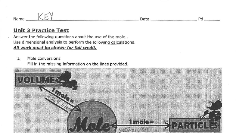 Unit 3 Practice Test Key: Mole Calculations and Percent Composition ...