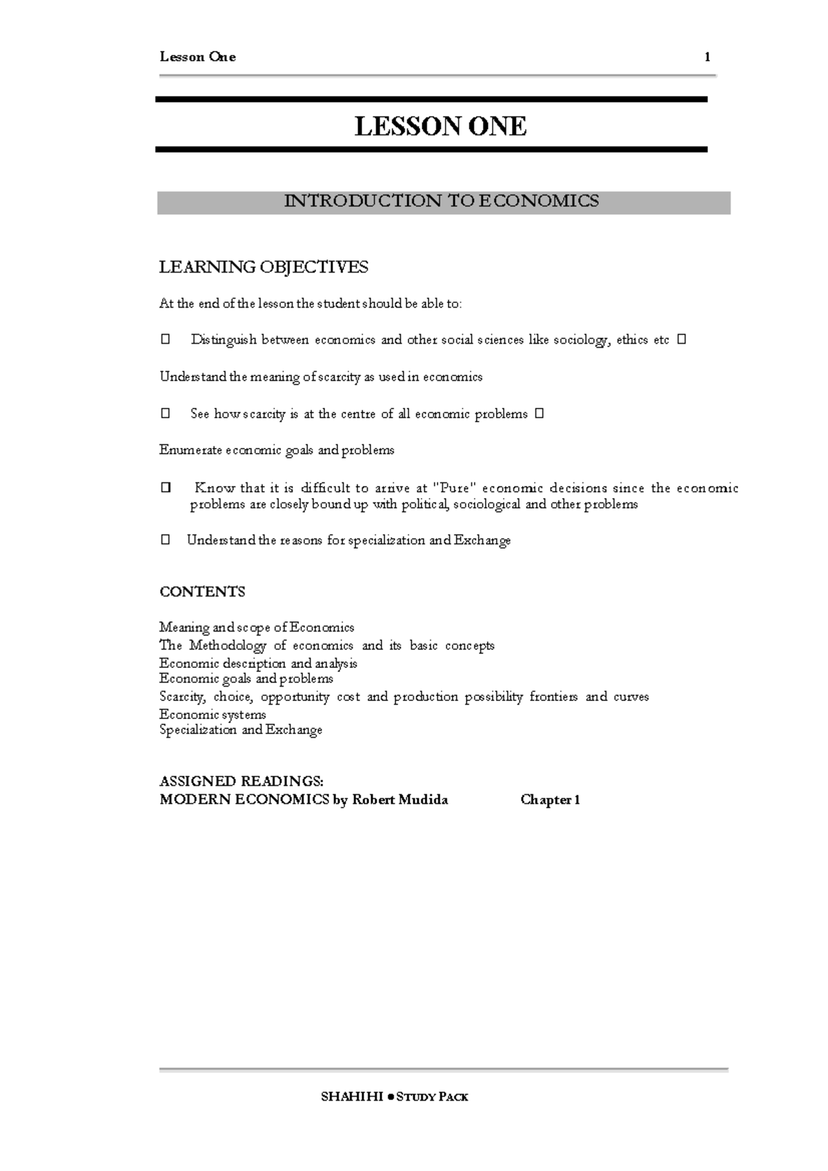 Economics lesson 1 - Lecture notes 1 - Lesson One 1 LESSON ONE ...