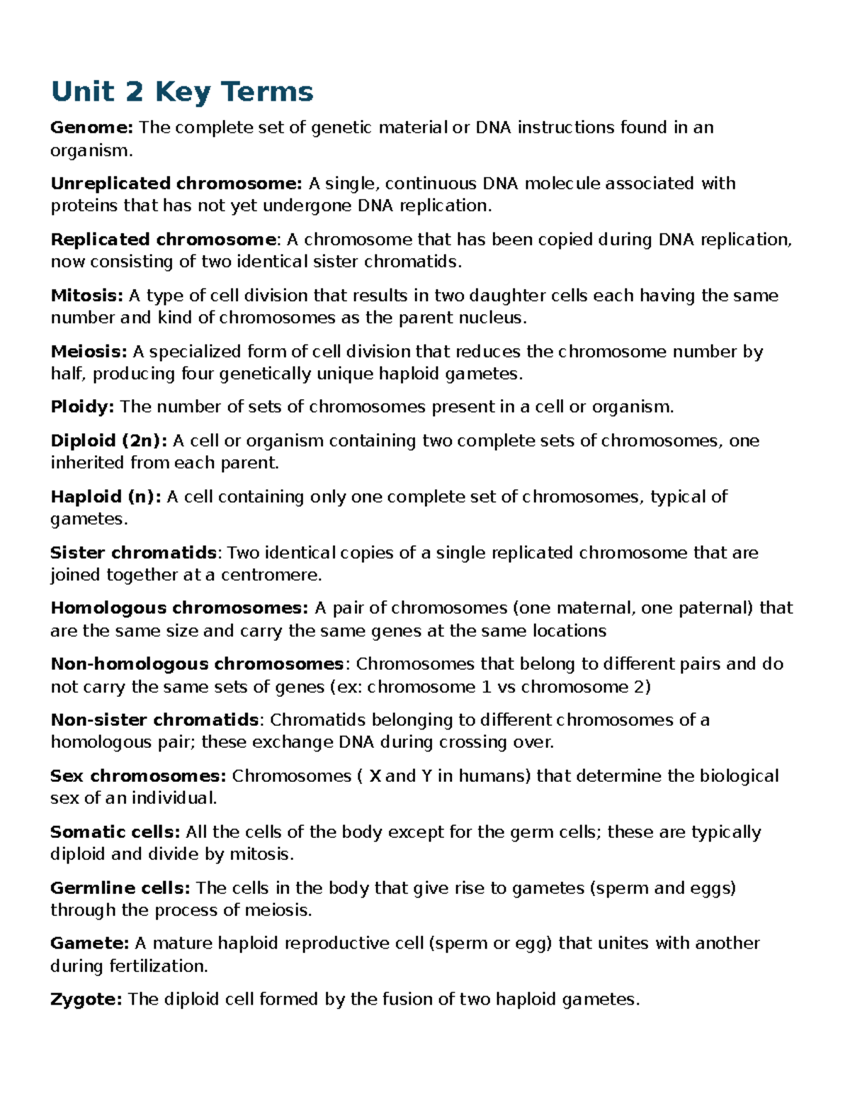 Unit 2 Key Terms: Genetics and Cell Division Concepts - Studocu