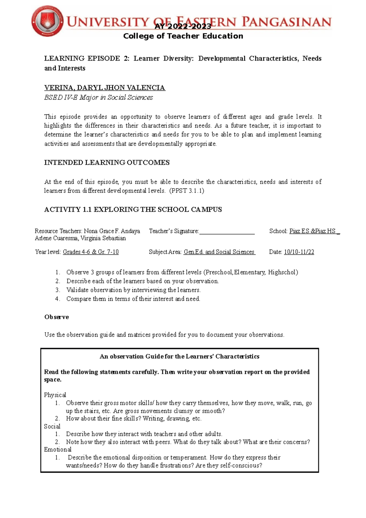 FS1 - Learning Episode 2: Understanding Learner Diversity in Education - Studocu