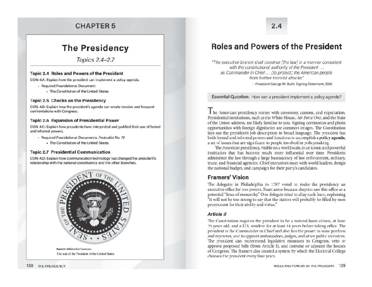 Chapter 5 - Overview of Presidential Roles, Powers, and Communication - Studocu