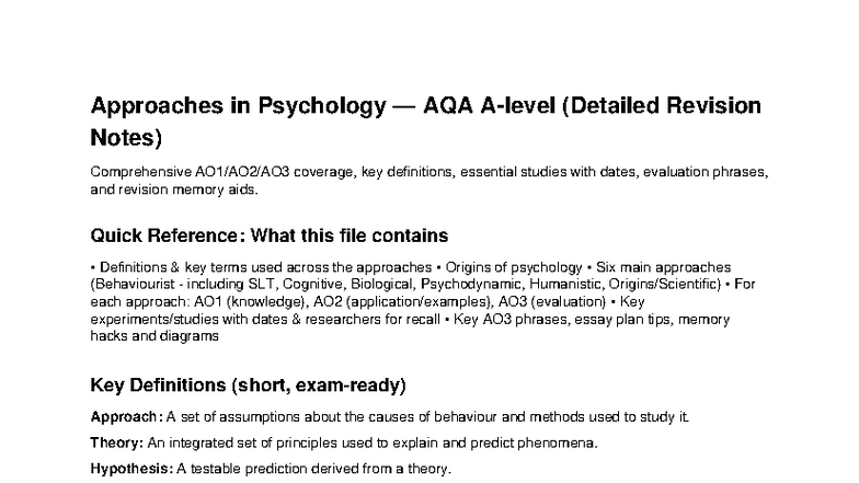 AQA Approaches in Psychology: Comprehensive Revision Notes - Studocu