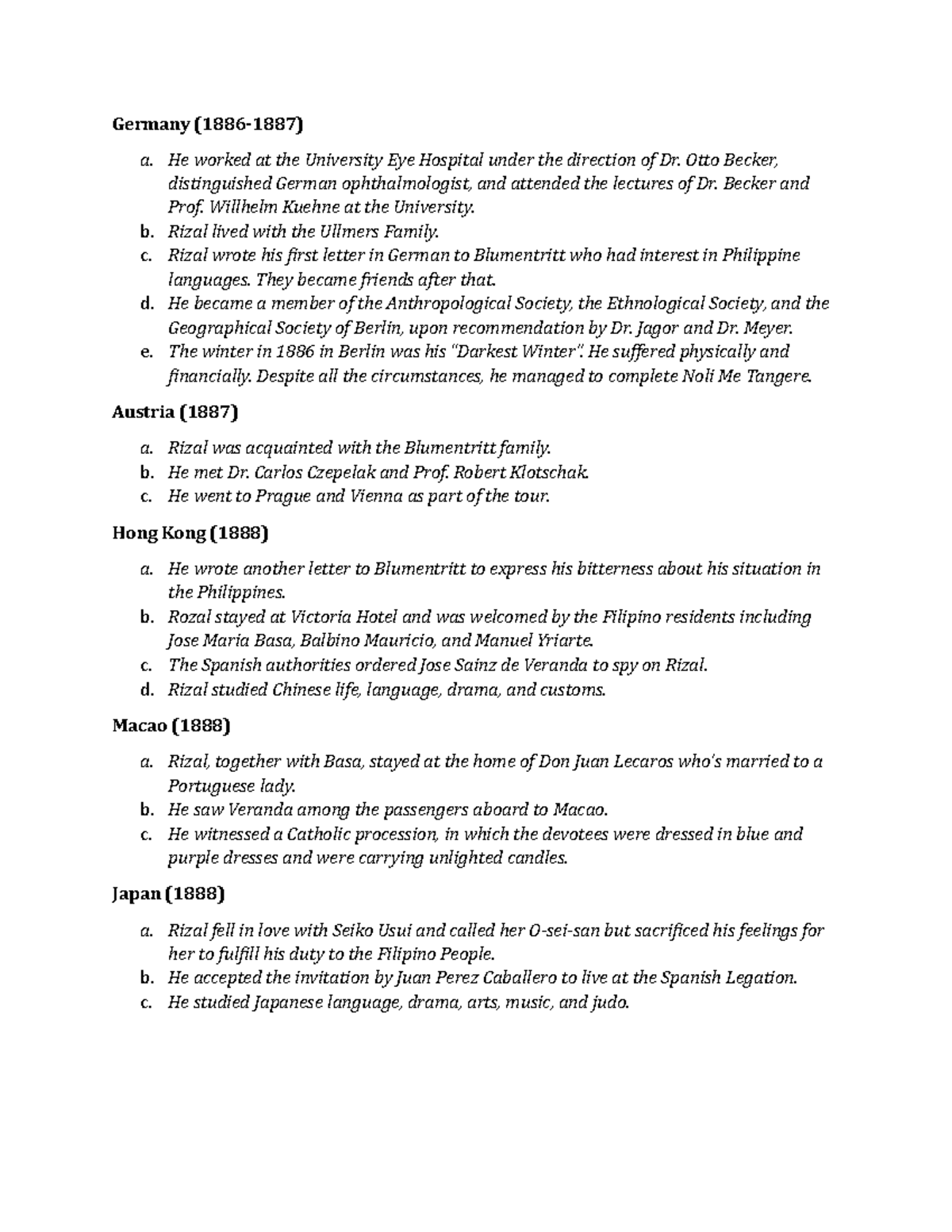 Rizal's Travels: A Study of 10 Countries He Visited - Studocu