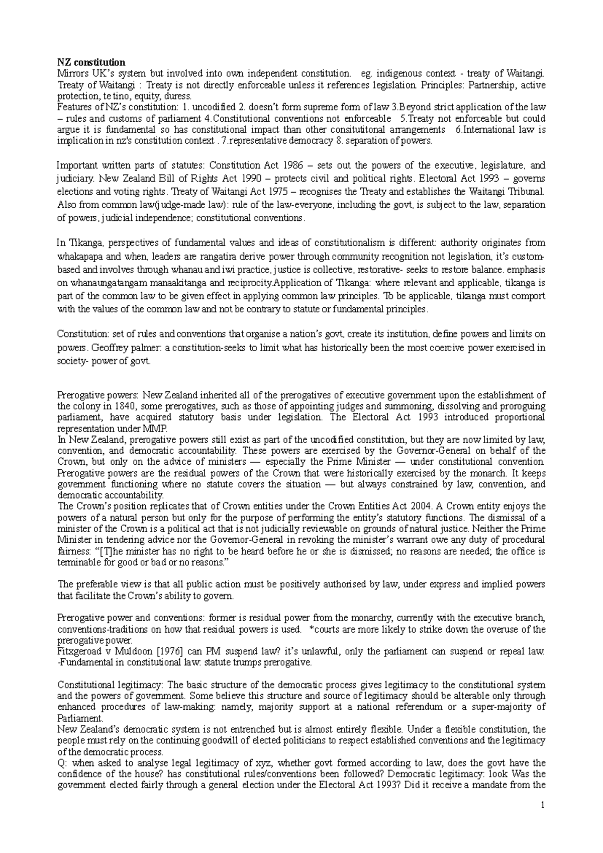 Public Law Exam Notes: NZ Constitution & Treaty of Waitangi Analysis ...