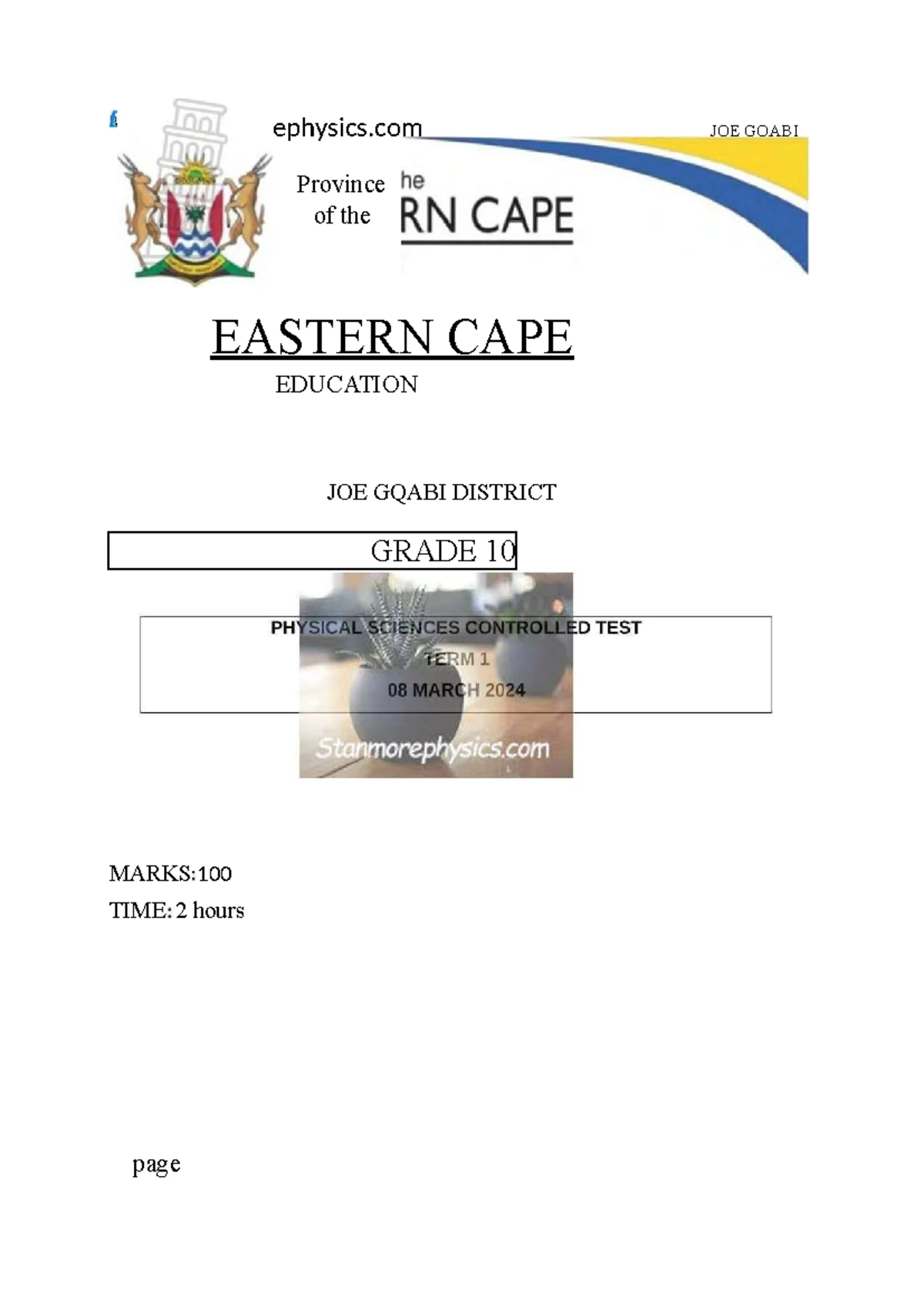 Grade 10 Physics Exam Paper & Memo (JOE GQABI) - Studocu