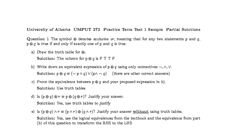 CMPUT 272 Fall 2025 Practice Term Test 1 Sample Solutions - Studocu