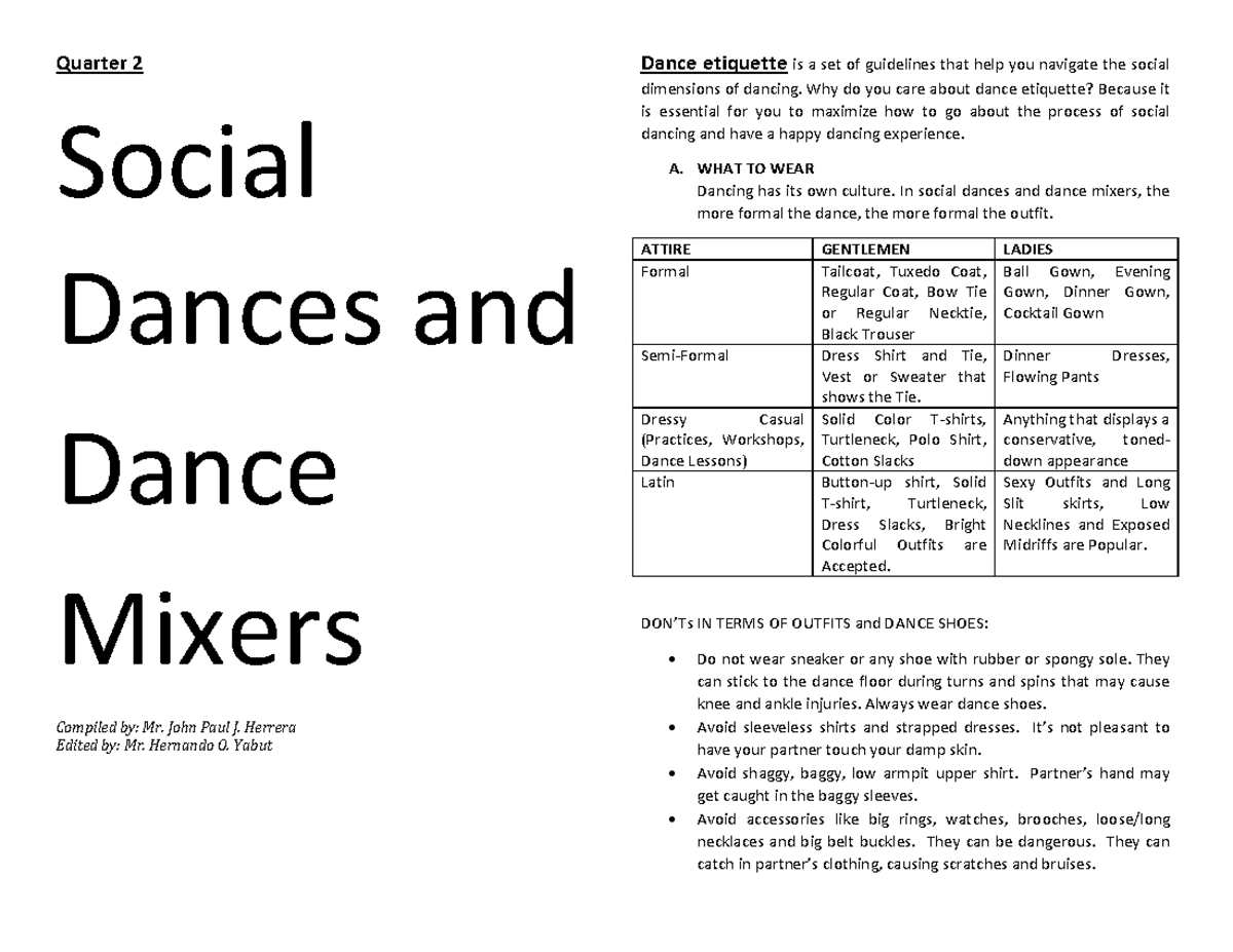 Quarter 2 PE: Social Dances & Dance Mixers Guide - Studocu