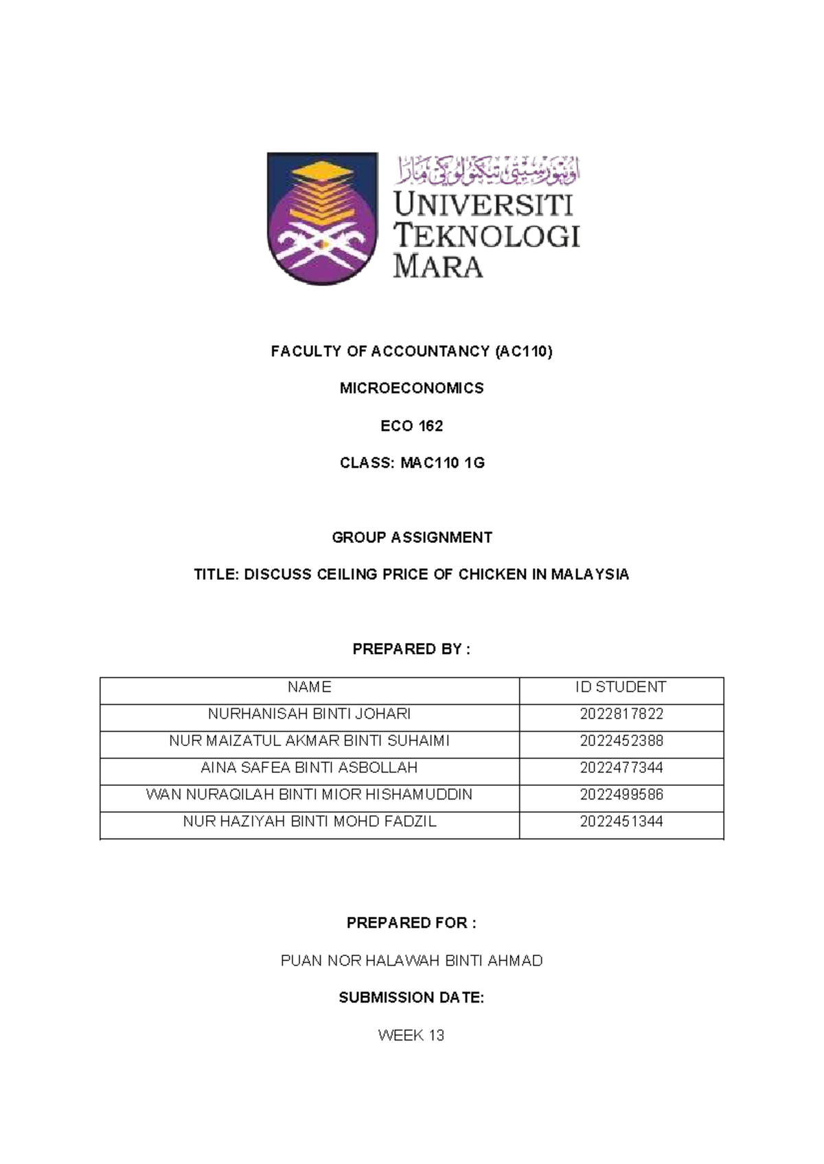 AC110 ECO 162 Group Assignment: Ceiling Price of Chicken in Malaysia ...