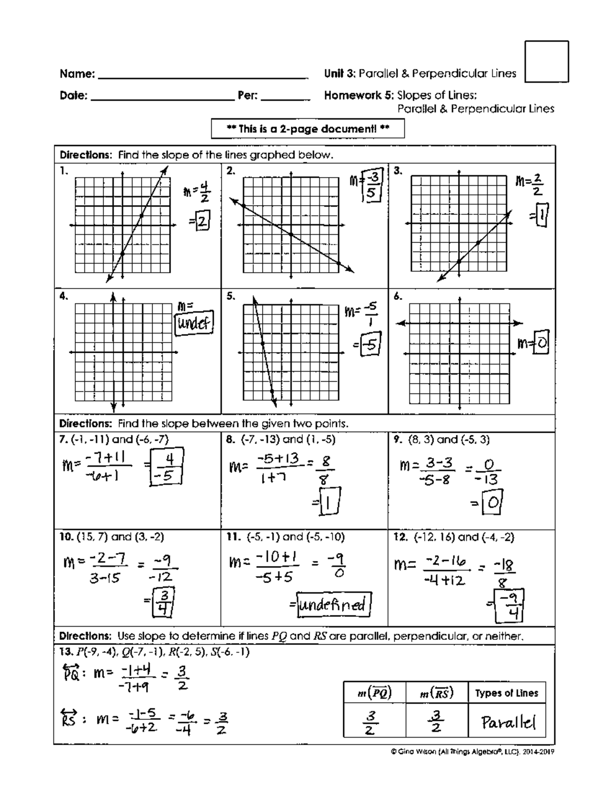 Unit 3: Homework 5 - Slopes of Parallel & Perpendicular Lines - Studocu