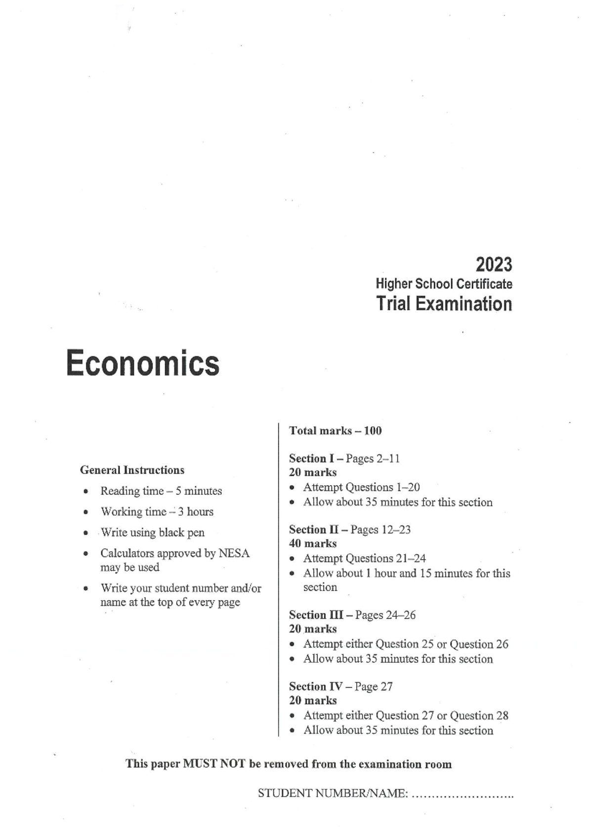 2023 HSC Trial Exam Economics - Total Marks 100 - Studocu