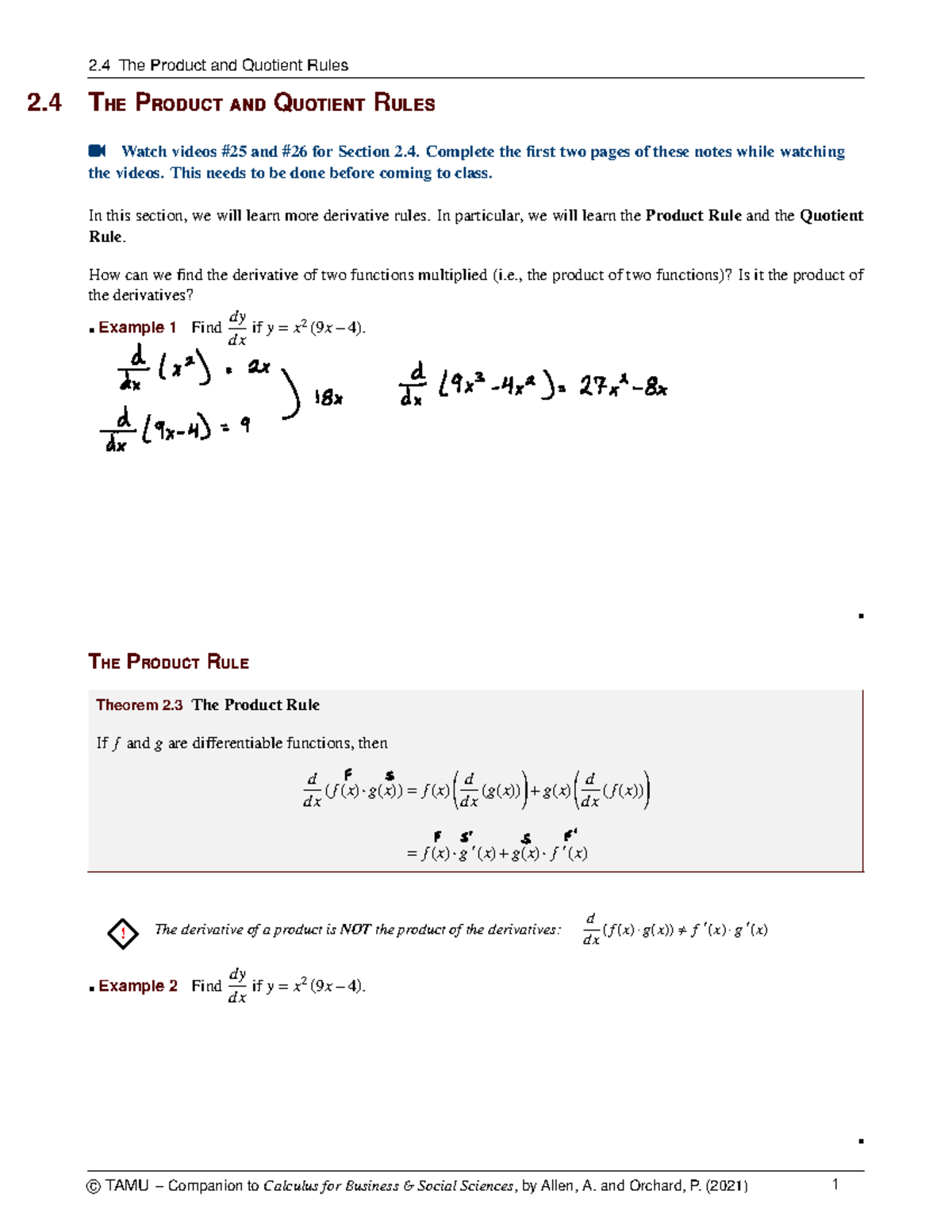 2.4 Notes - 2 The Product and Quotient Rules ￿ Watch videos #25 and #26 ...