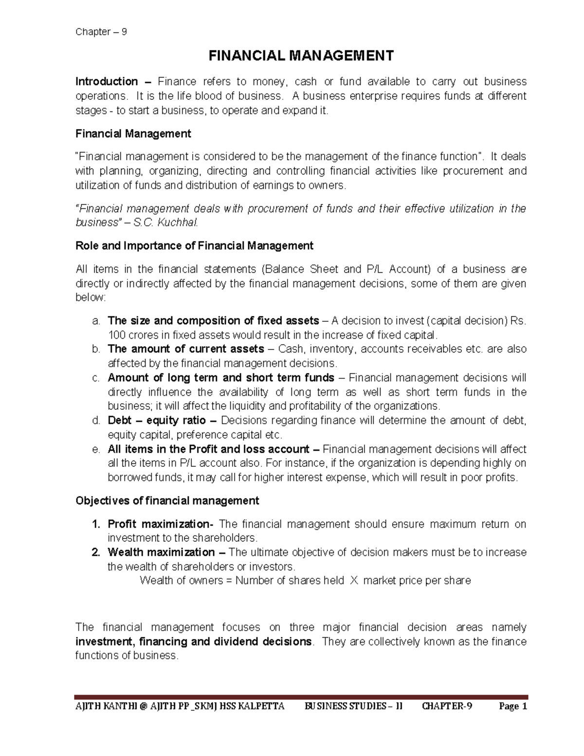 Chapter 9: Financial Management Overview - Business Studies II - Studocu