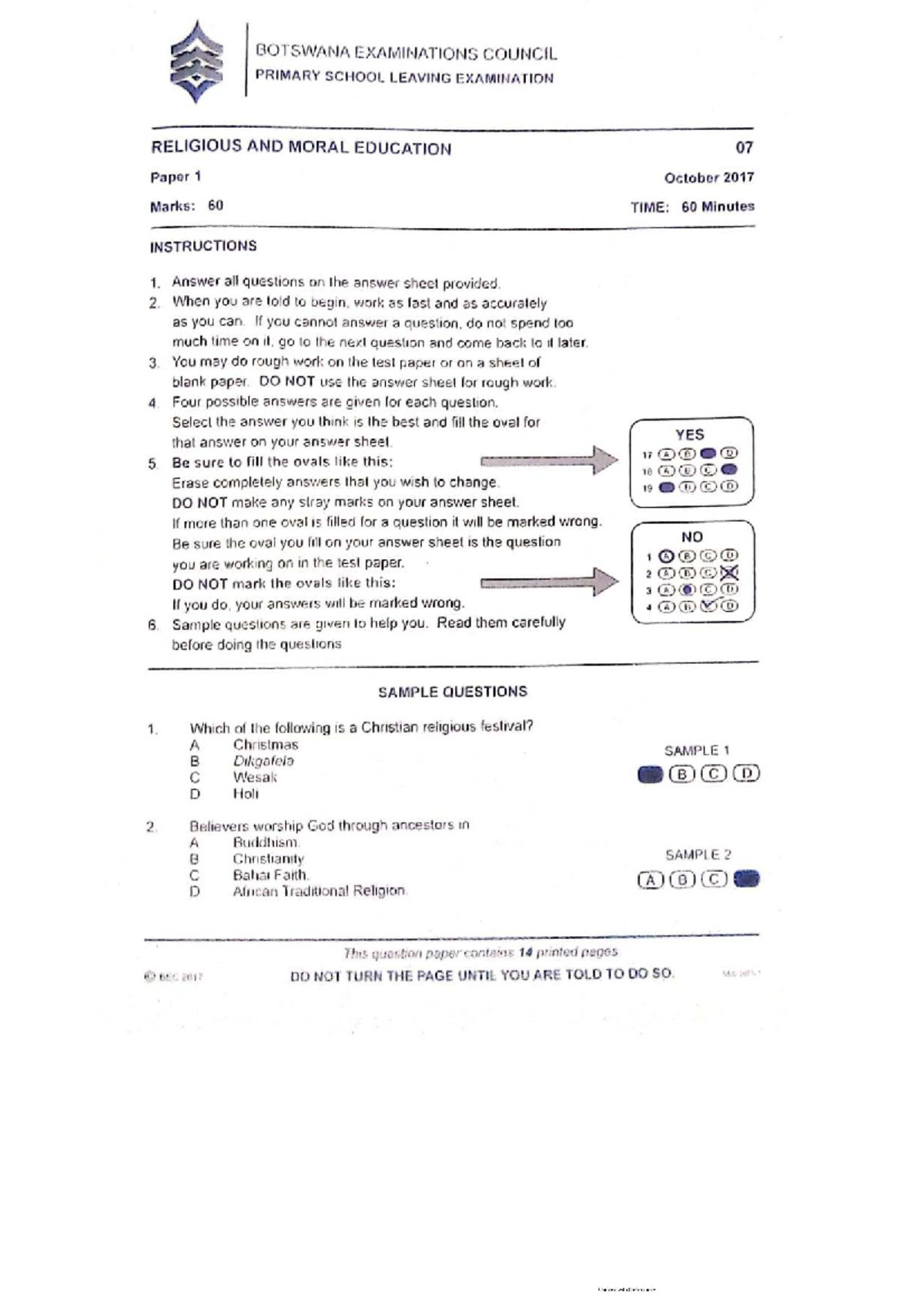 PSLE RME 2017 Exam & Marking Key Guide - Studocu