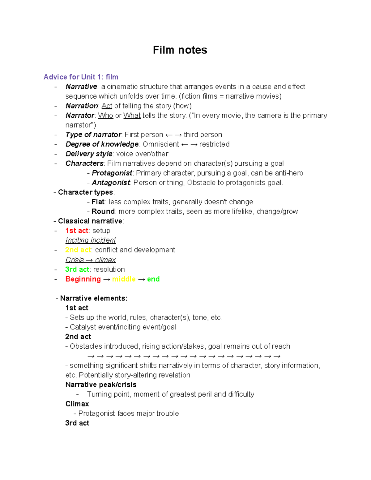 Unit 1 Film Narrative Notes: Structure, Characters, & Concepts - Studocu