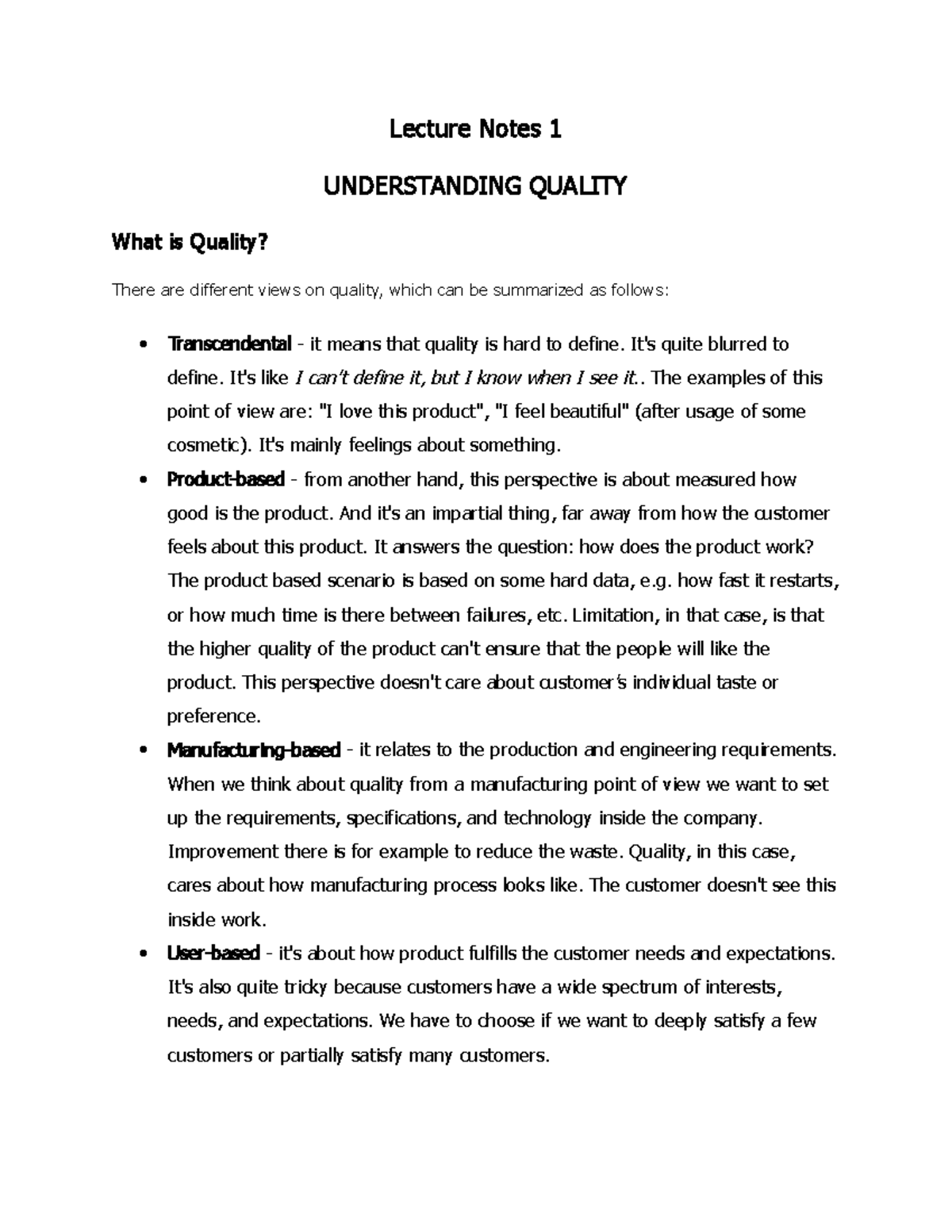 Lecture Notes 1- Defining Quality - Lecture Notes 1 UNDERSTANDING ...