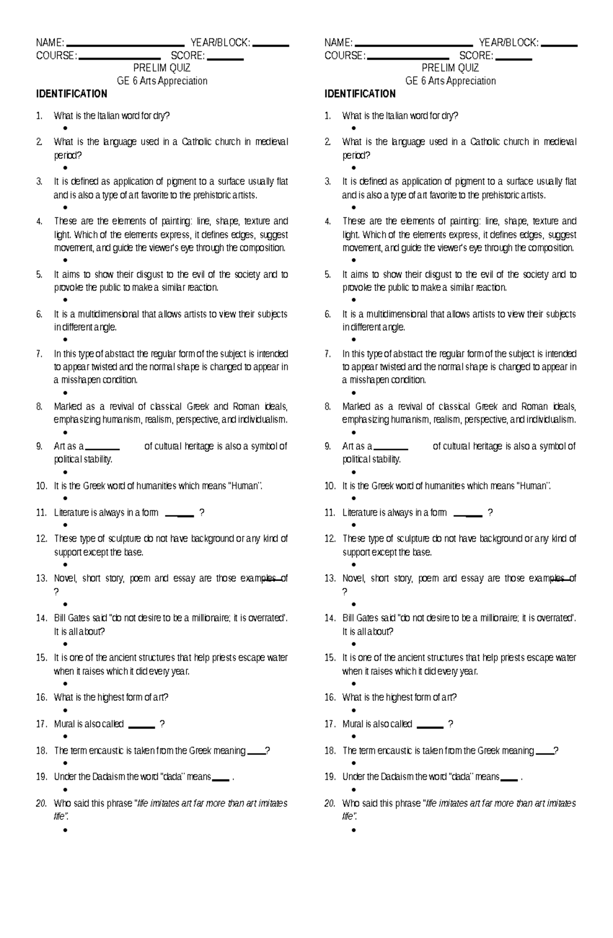 GE 6 Prelim Quiz - Arts Appreciation Overview - Studocu