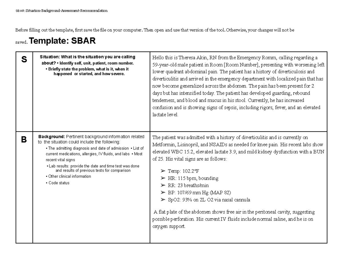 SBAR Shock - SBAR: Situation-Background-Assessment-Recommendation ...