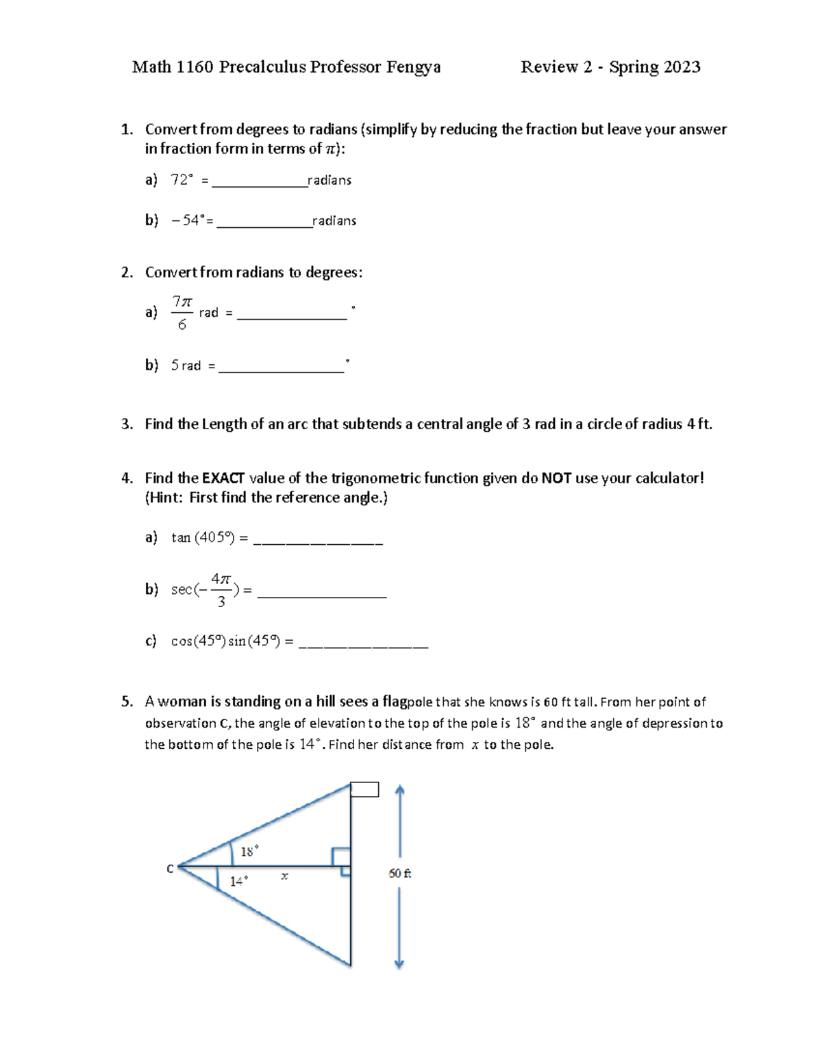 Math 1160 Precalculus Test Review 2 - Spring 2023 Exam Prep - Studocu