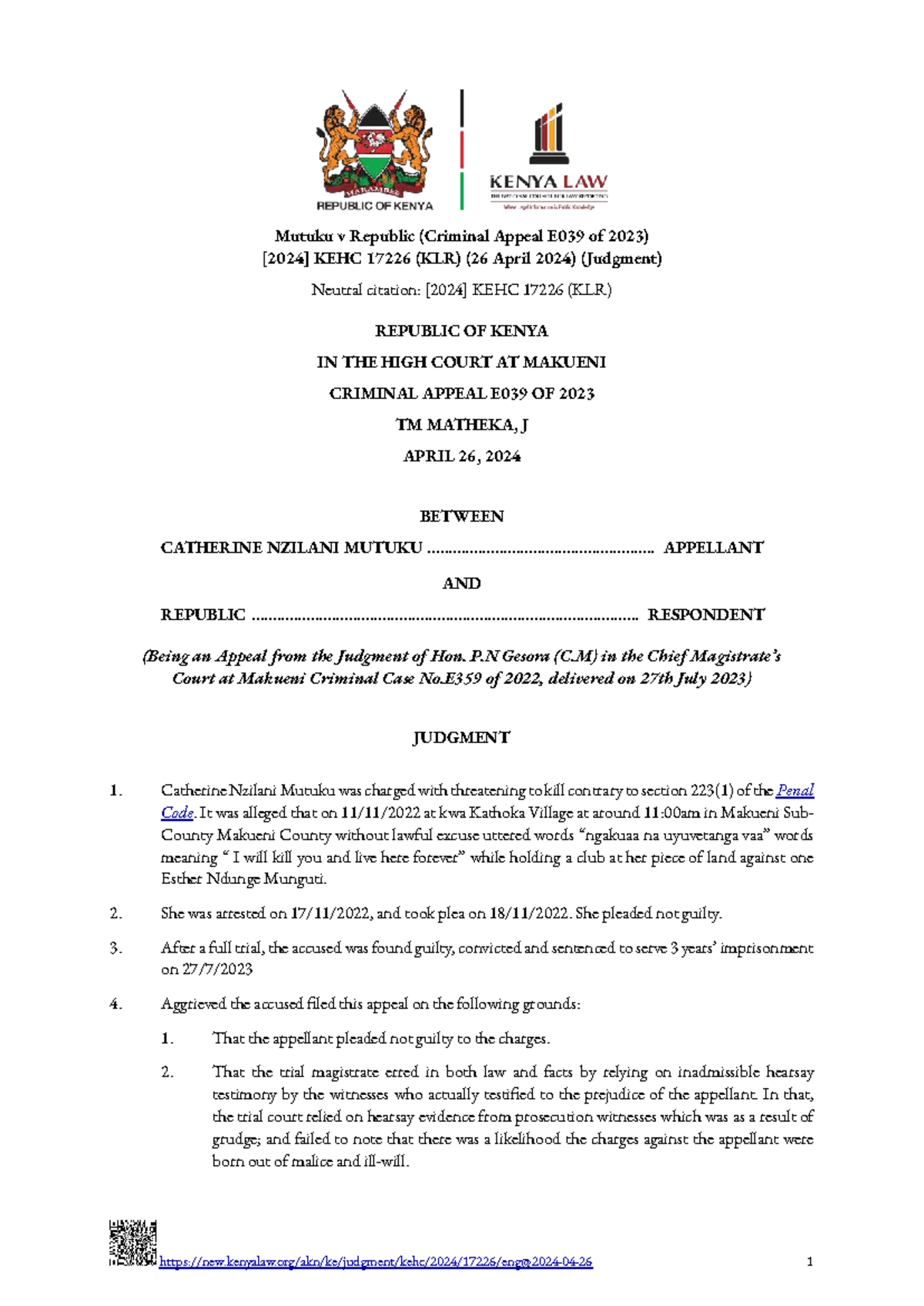 Mutuku v Republic (Criminal Appeal E039/2023) Judgment Analysis (26 ...