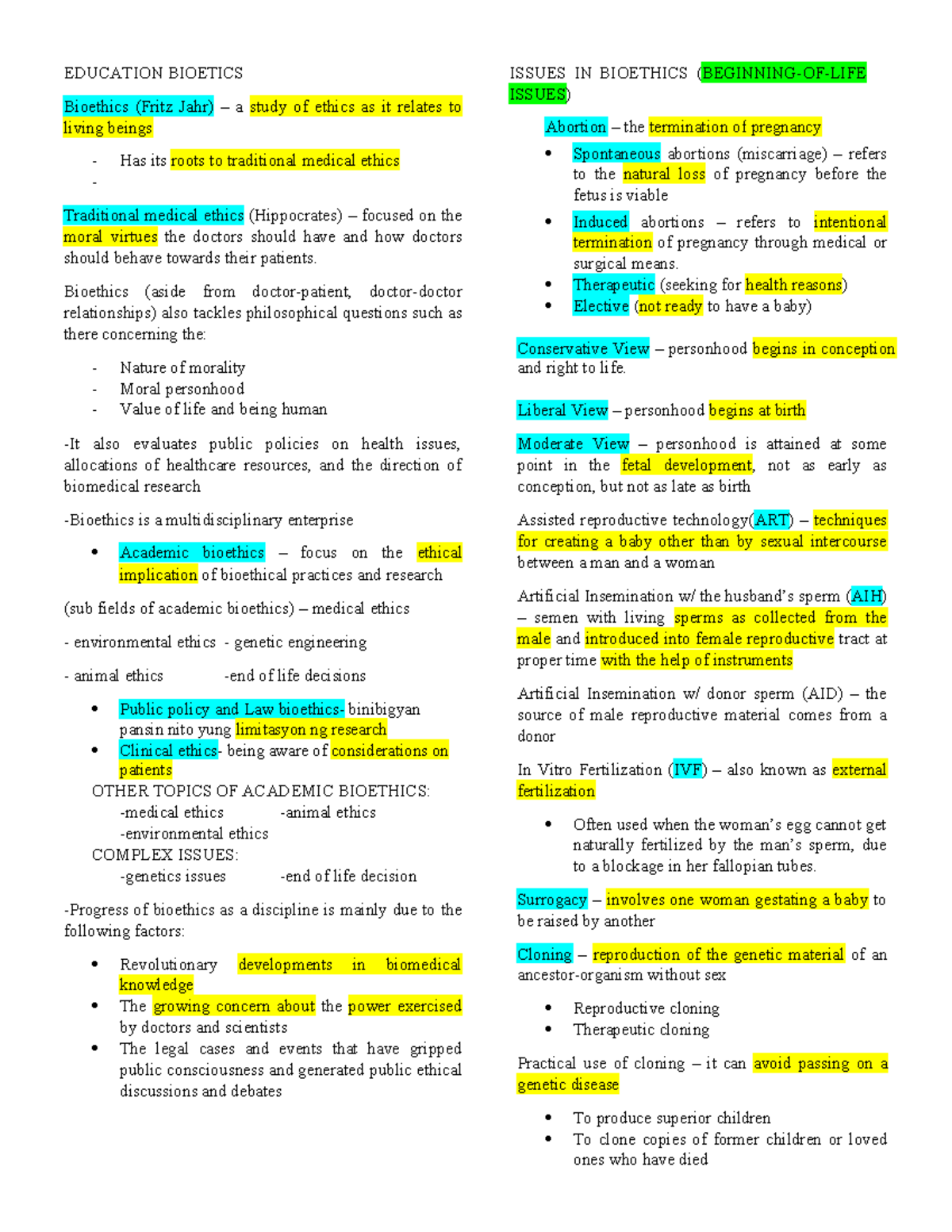 EDUCATION BIOETHICS: Key Issues in Bioethics and Ethical Dilemmas - Studocu