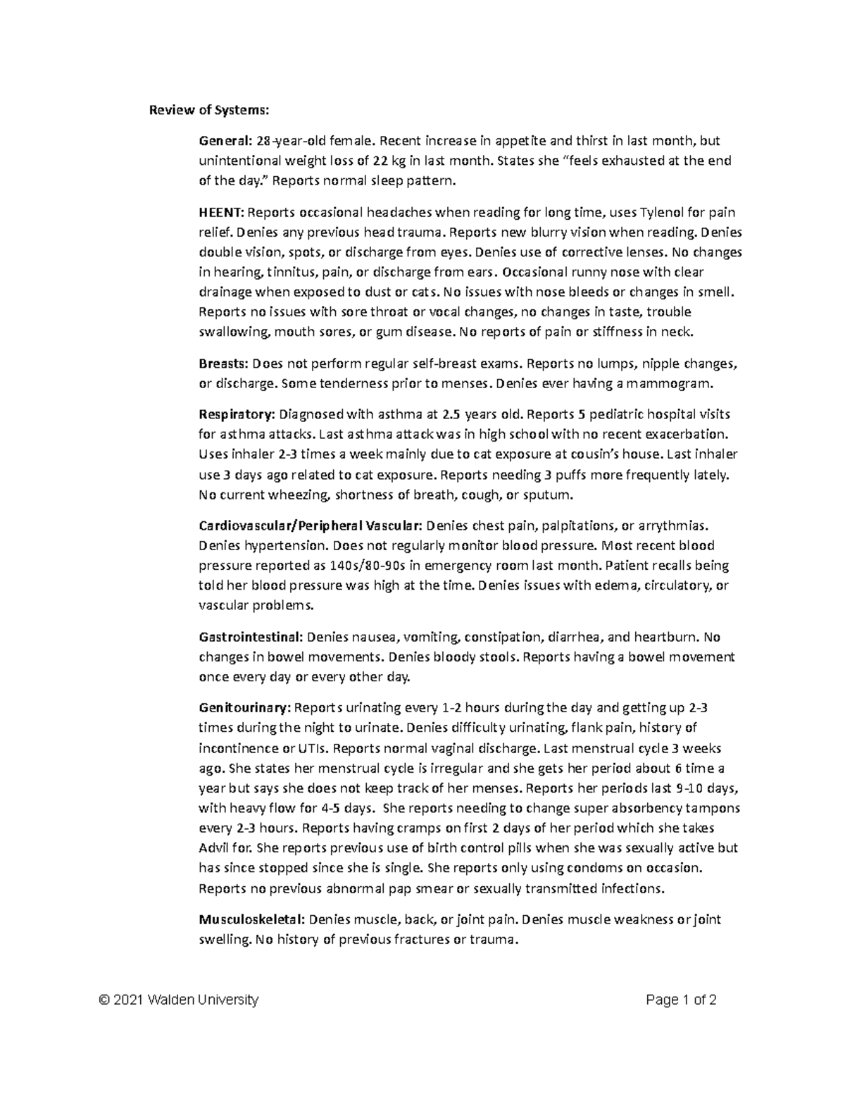 Sample review of systems - Review of Systems: General: 28-year-old ...