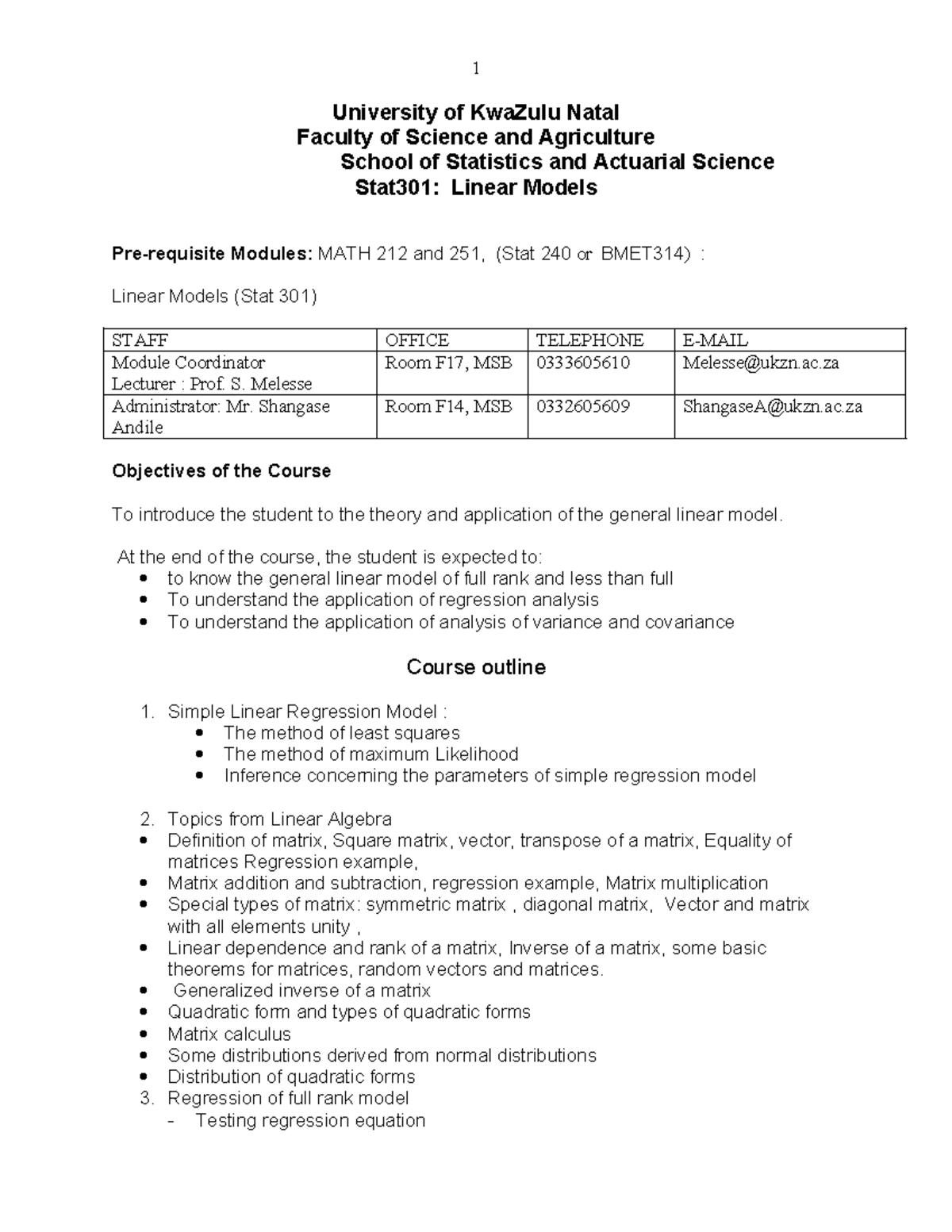 Stat 301: Linear Models Course Outline and Objectives - Studocu