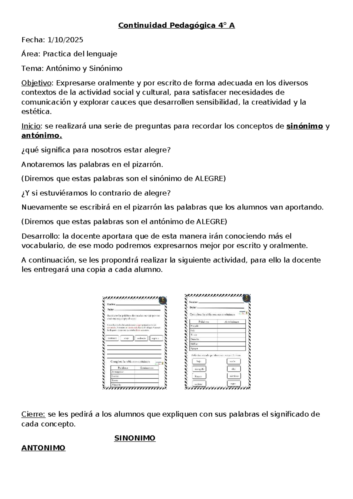 Continuidad Pedagógica: Antónimos y Sinónimos en Práctica del Lenguaje - Studocu