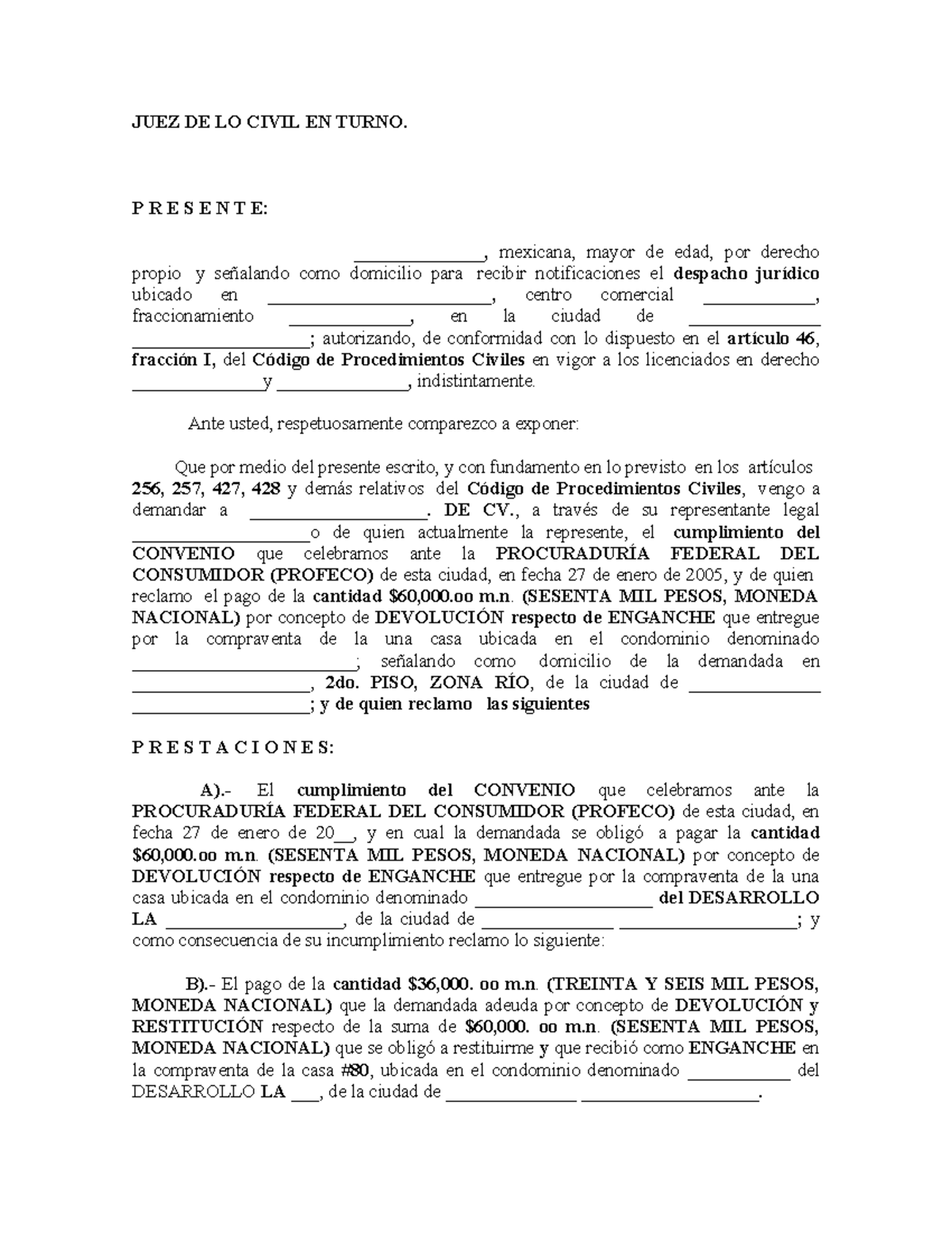 Demanda Cumplimiento De Convenio Ante Profeco - JUEZ DE LO CIVIL EN ...
