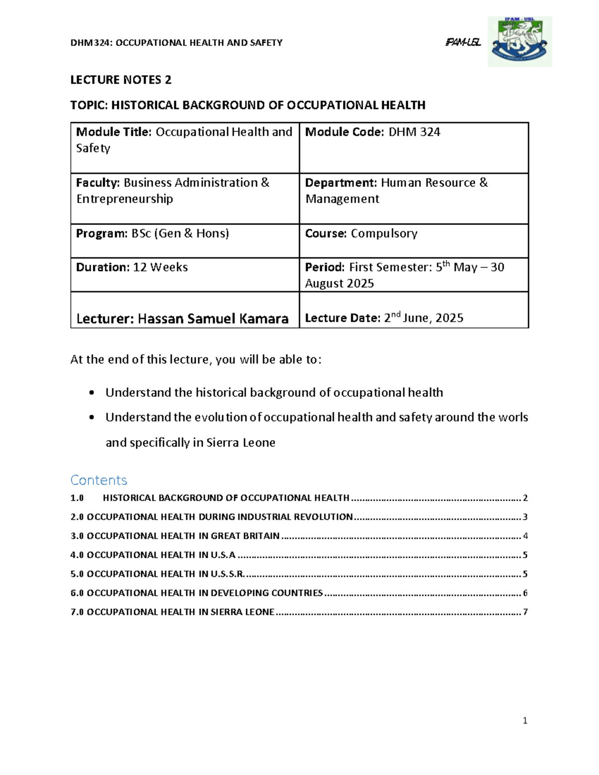 DHM324: Occupational Health & Safety Lecture Notes 2 - Historical ...
