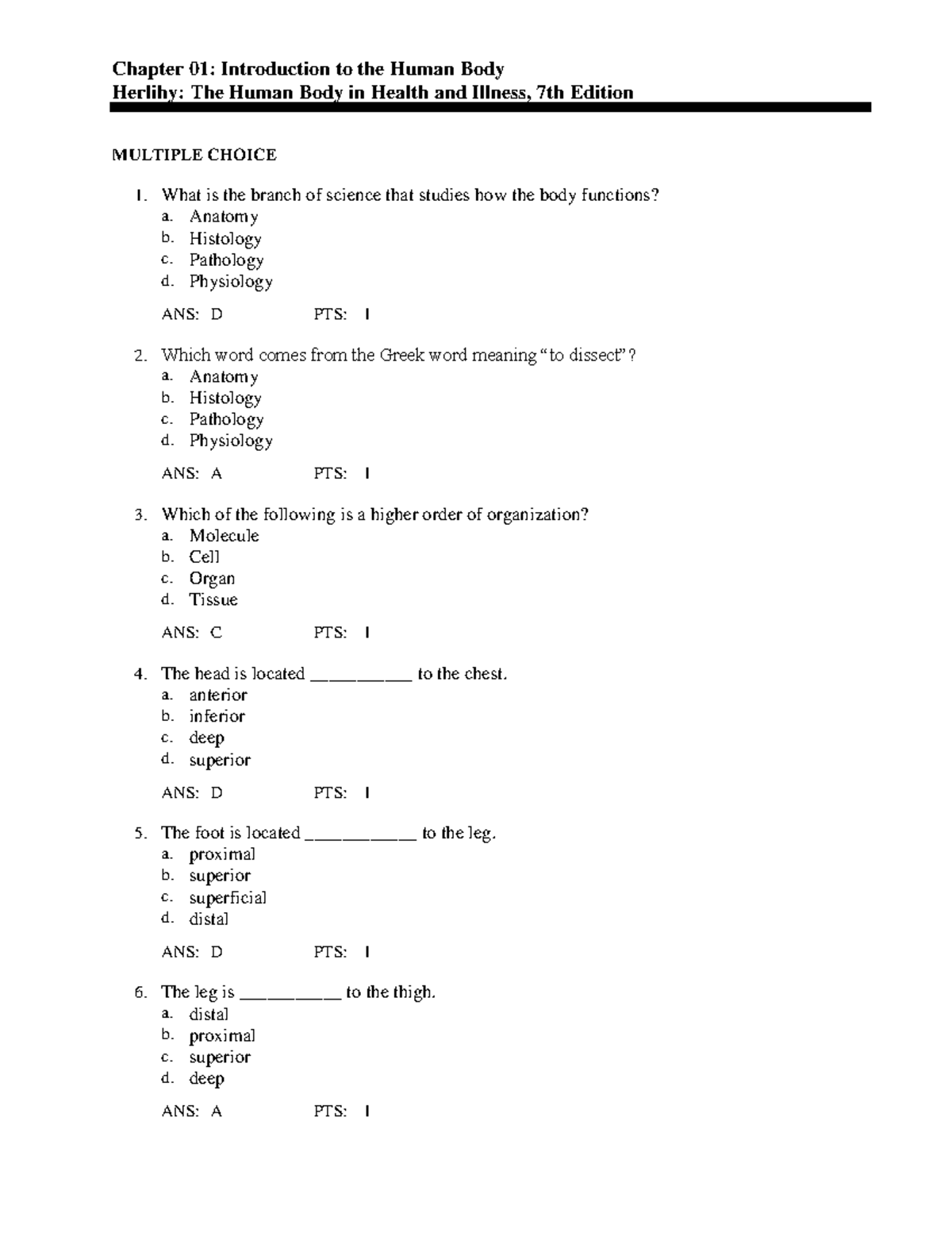 Chapter 01: Intro to the Human Body (Herlihy, 7th Ed) - Quiz Notes ...
