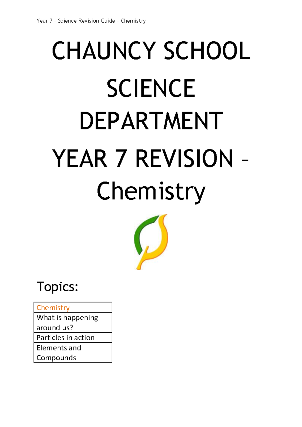 Chemistry Revision Booklet Yr 7: Essential Topics & Concepts - Studocu