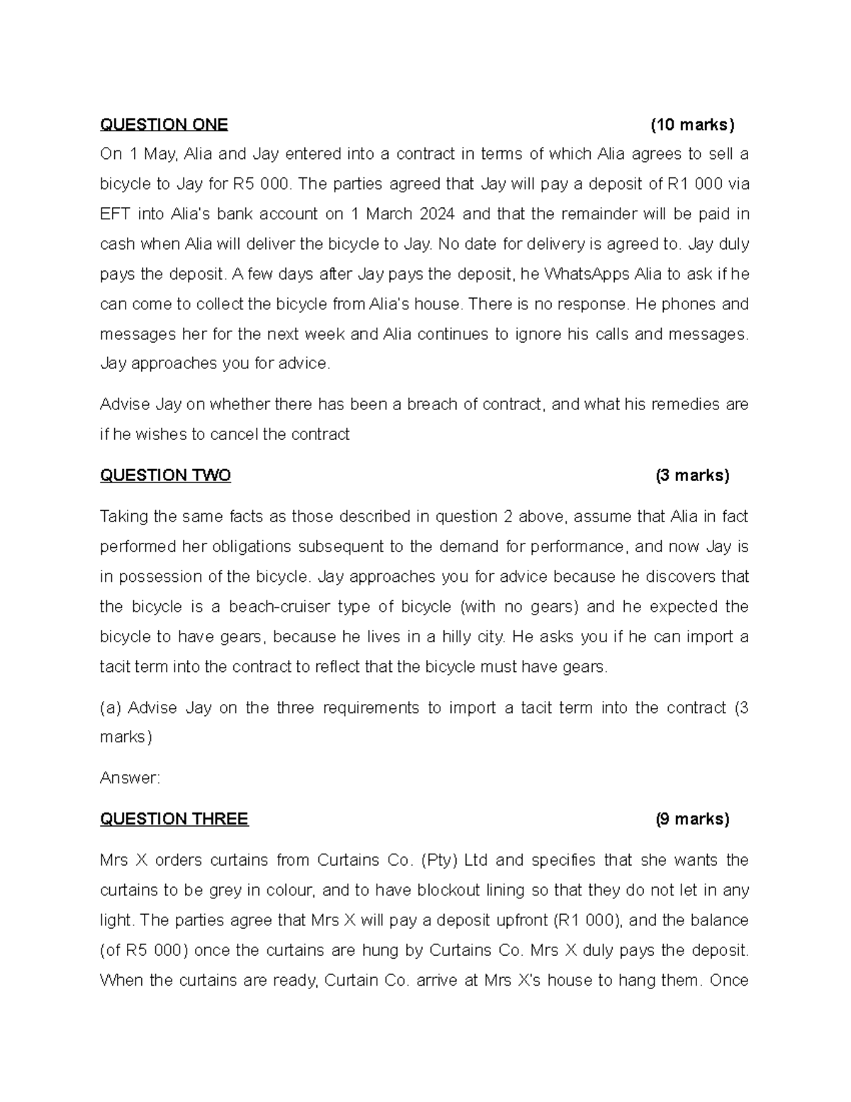 Comlaw 1 Tutorial Questions: Contract Breach & Remedies Analysis - Studocu