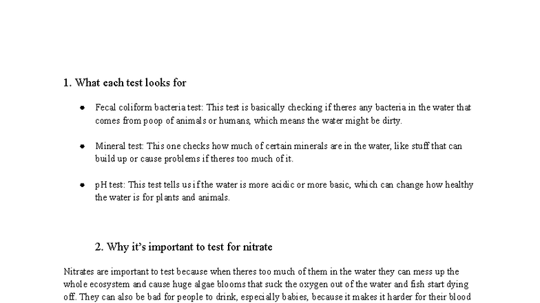 Water Quality Tests: Fecal Coliform, Minerals, pH & Nitrates - Studocu