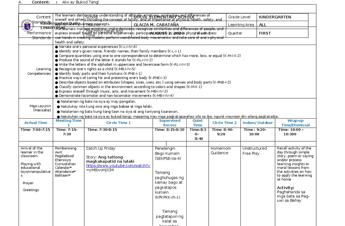 Kinder-DLL Lesson Plan - Week 1, Day 5 (August 2, 2024) - Studocu