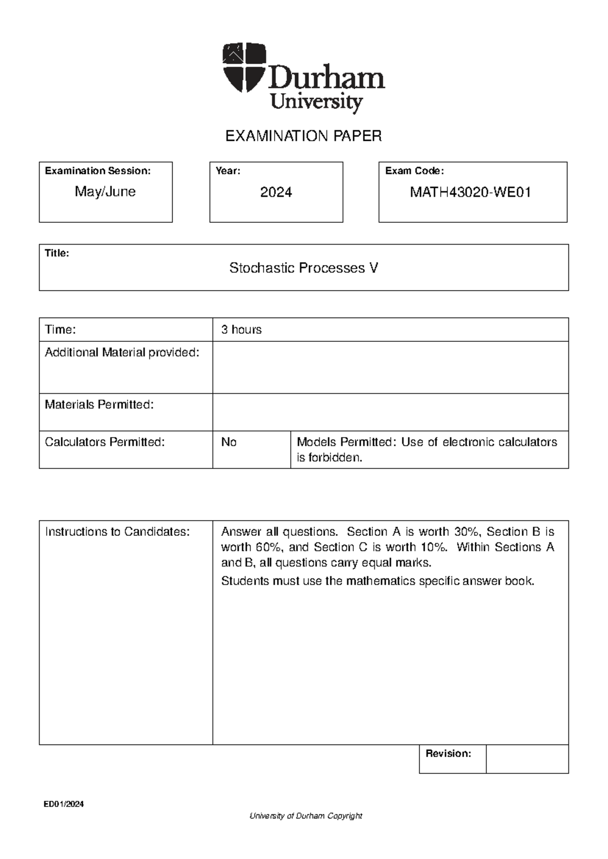 MATH43020-2024 Final Exam: Stochastic Processes V - Studocu