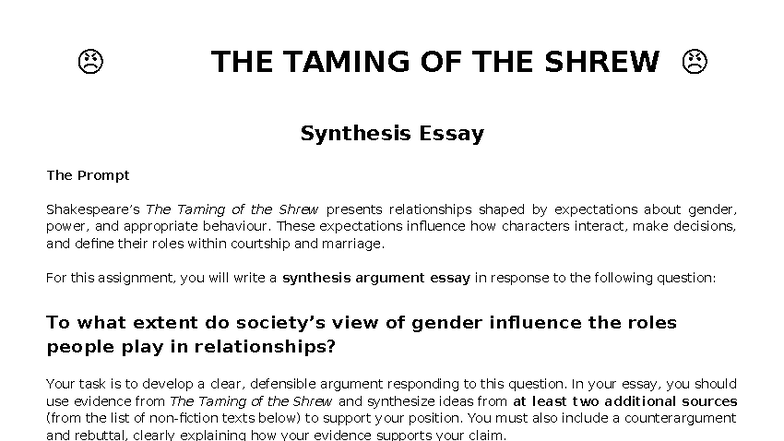 The Taming of the Shrew (ENG 101) Synthesis Essay Planning Guide - Studocu