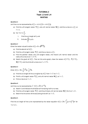 Tutorial 5 (2 - MAT560 - Vector Calculus - MAT 560 Tutorial 5 Topic: Introduction to Vector ...
