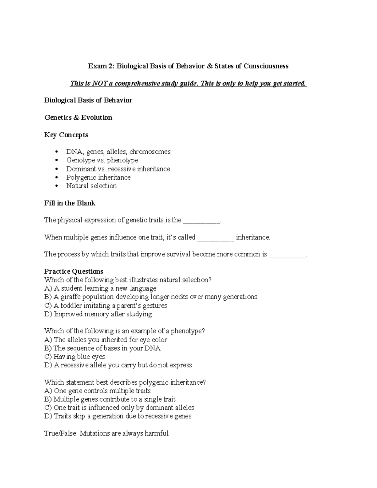 Biological Basis of Behavior Exam 2 Study Guide: Key Concepts ...