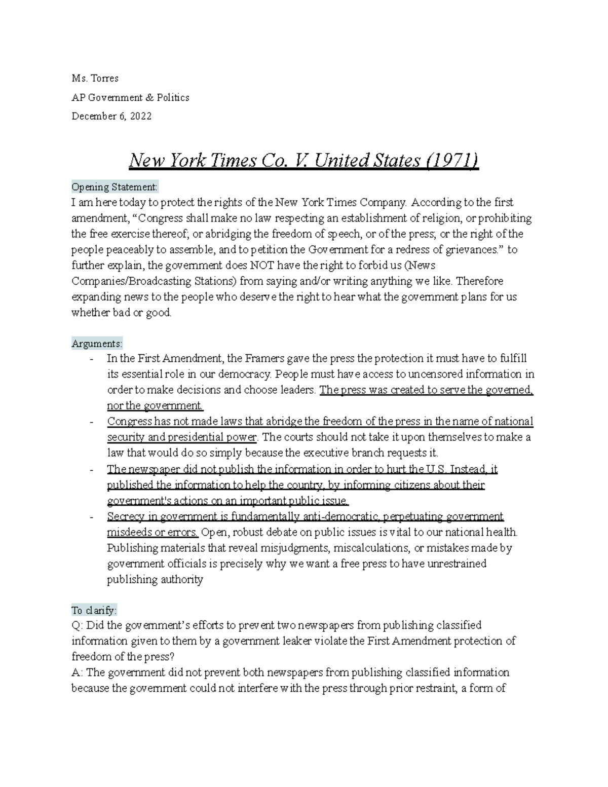 AP GOV Final Speech on New York Times Co. v. U.S. (1971) - Studocu