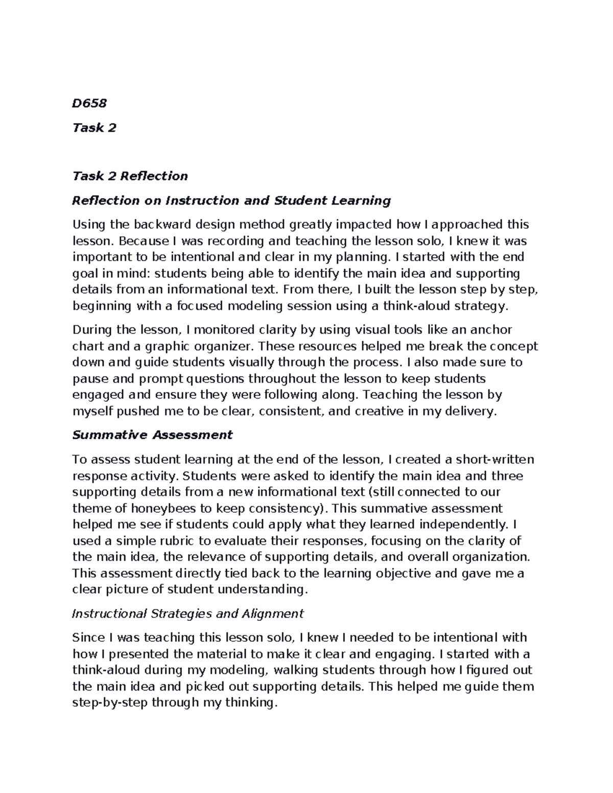 D658 Task 2 Reflection on Instruction & Student Learning Strategies - Studocu