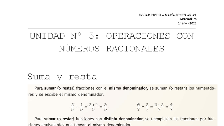Matemática 2025 - Unidad 5: Operaciones con Números Racionales - Studocu
