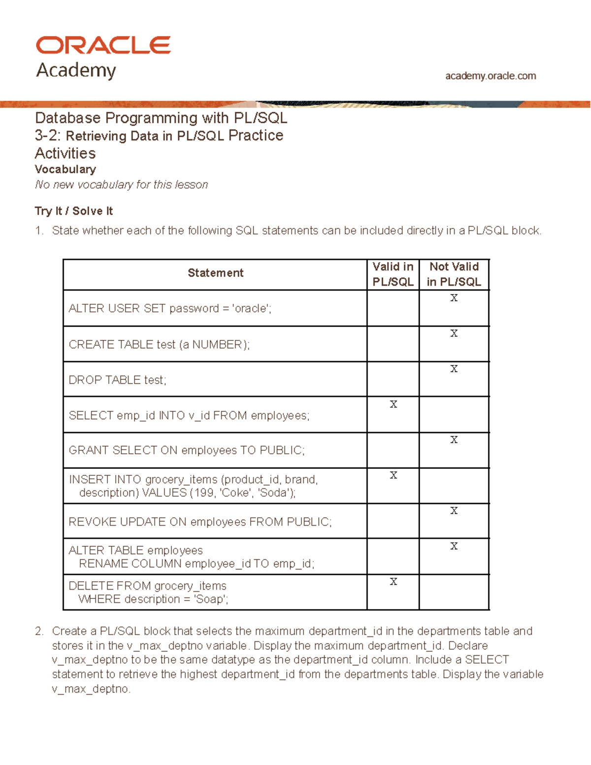 Plsql 3 2 Practice - Database System with Administration - Database Programming with PL/SQL 3-2 ...