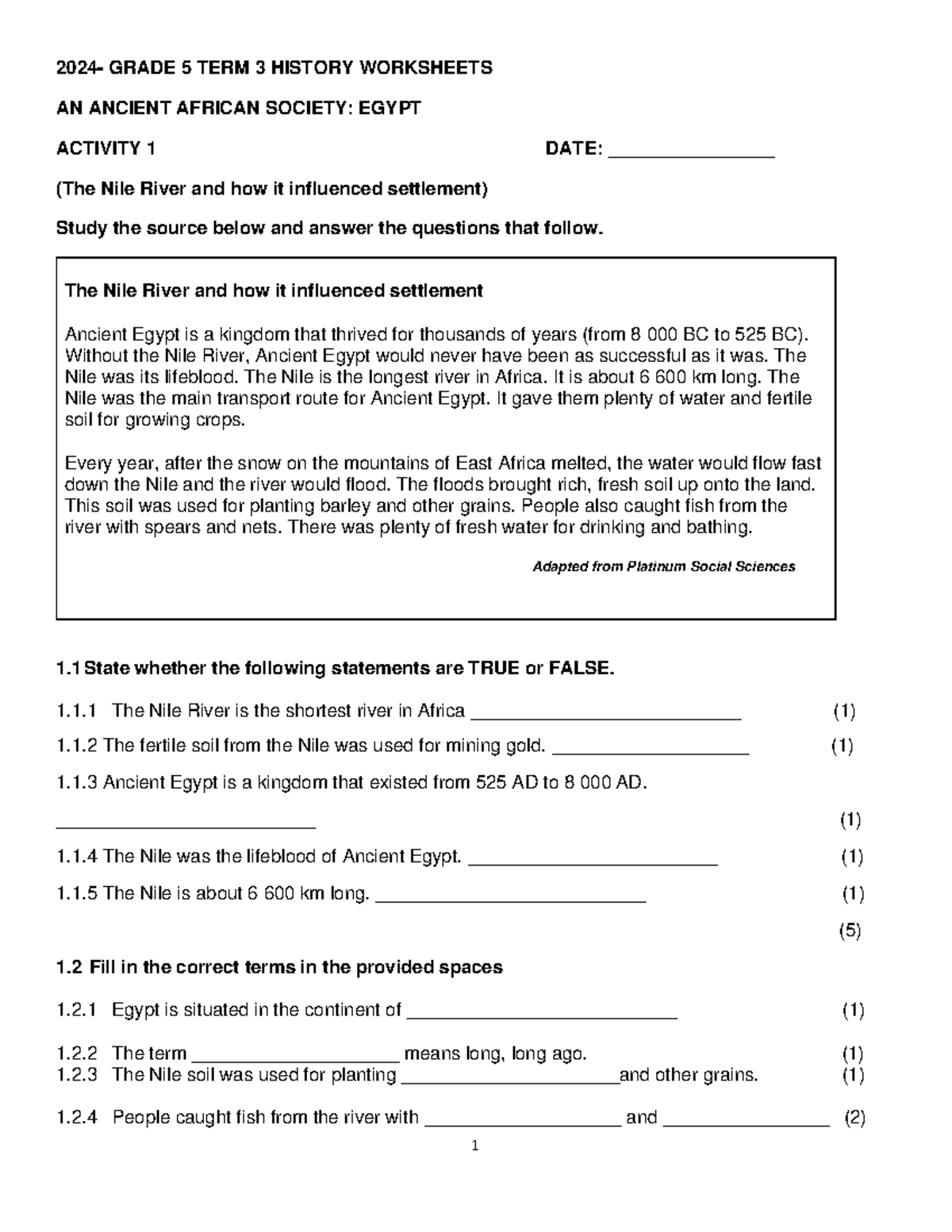 Grade 5 Term 3 History Worksheets - Ancient Egypt Studies 2024 - Studocu