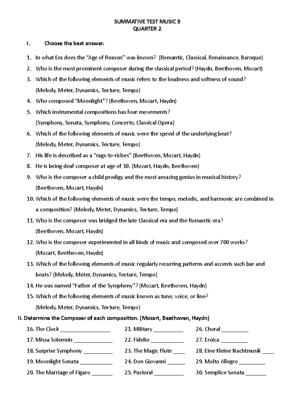 Summative Test for Music 9: Quarter 2 Review Questions - Studocu